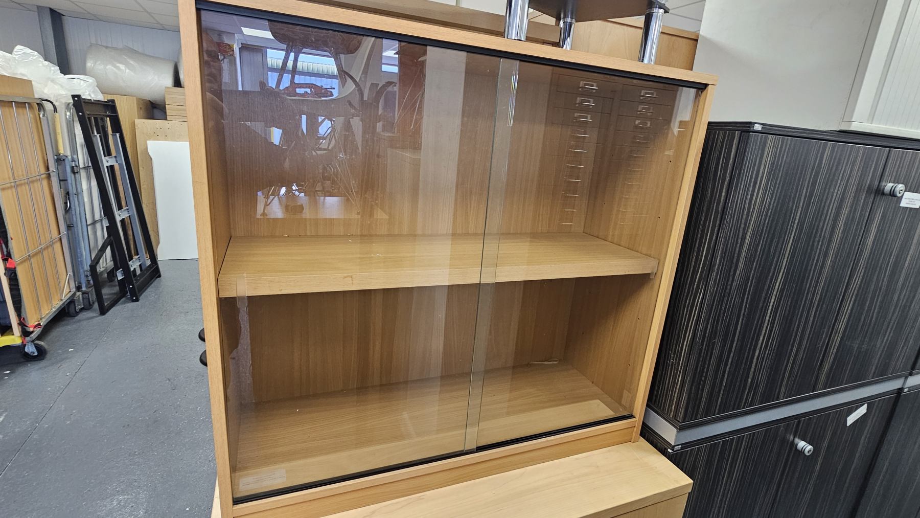Beech glass cabinet 880h x 960w x 350d - Cornwall Office Furniture